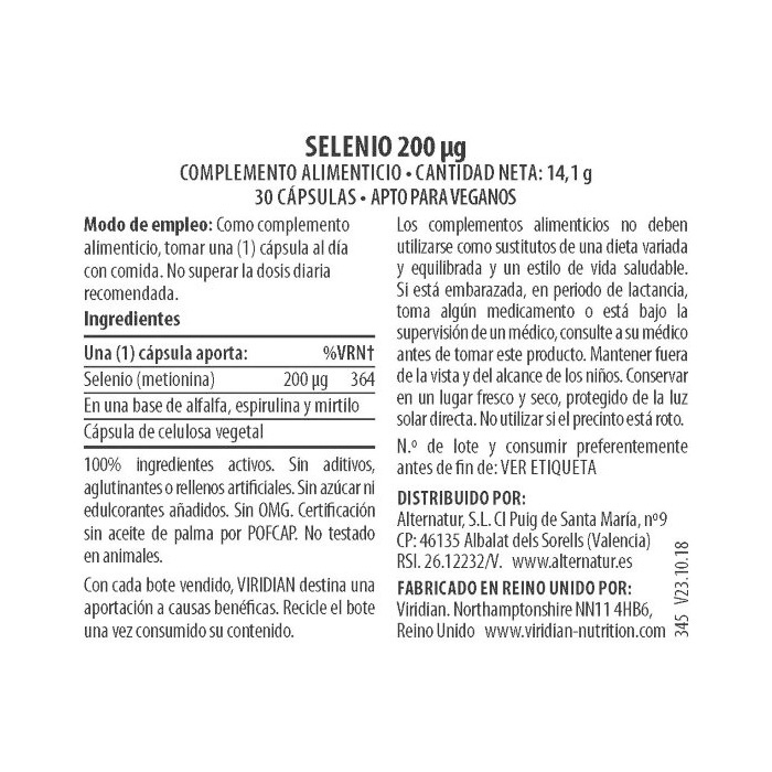 Viridian Selenio 200ug 30 Cápsulas Veganas